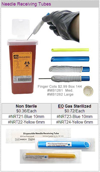 Plastic disposable needle receiving tubes